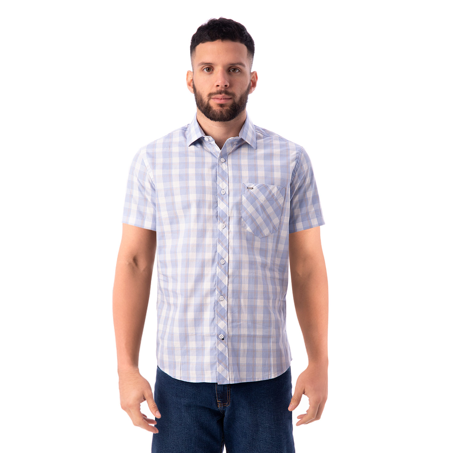 Camisa Cuadros M/C (Reg. Fit) Larsen C-Mc Celeste | Pionier