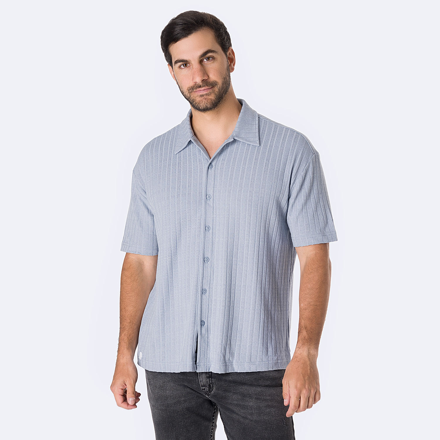 Camisa Rib Pointelle Full Lycra M/C Boxy Fit Rahlf Celeste Pastel | Pionier