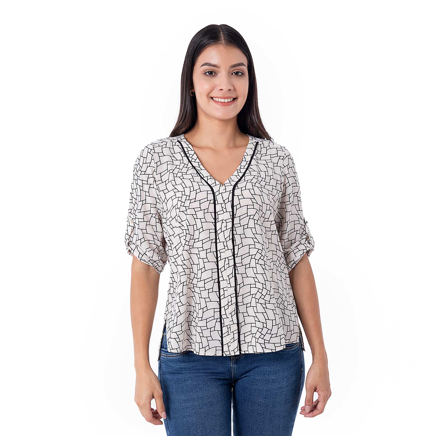 Blusa Seda Francesa Mga 3/4 Kaoli Ivory Print | Pionier