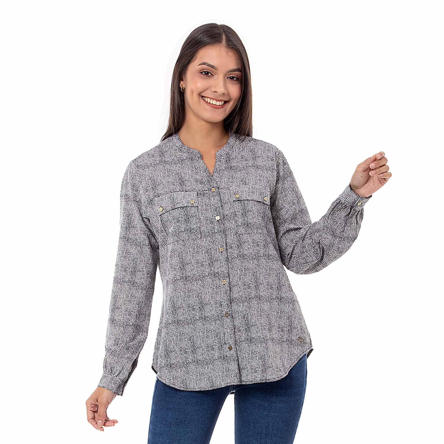 Blusa Seda Francesa M/L Hayum Negro/Blanco | Pionier