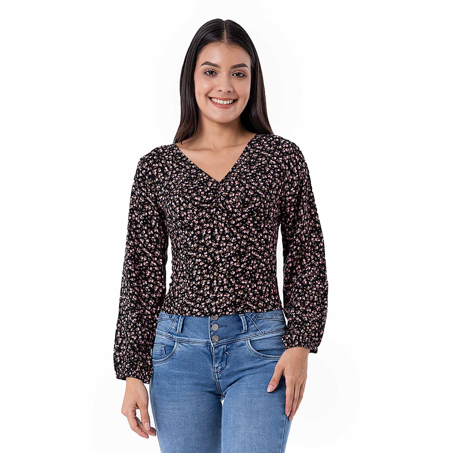 Blusa Chalis Print. M/L Bailei Negro/Rosa | Pionier