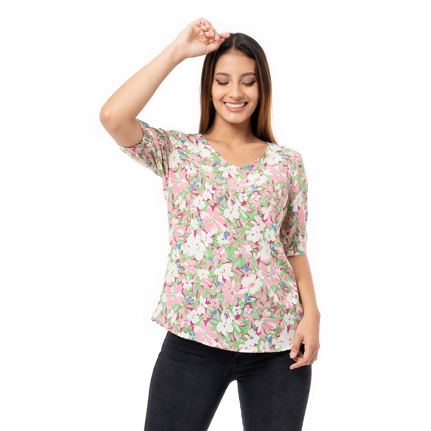 Blusa Seda Francesa M/C Oria Green Lemon Flower | Pionier