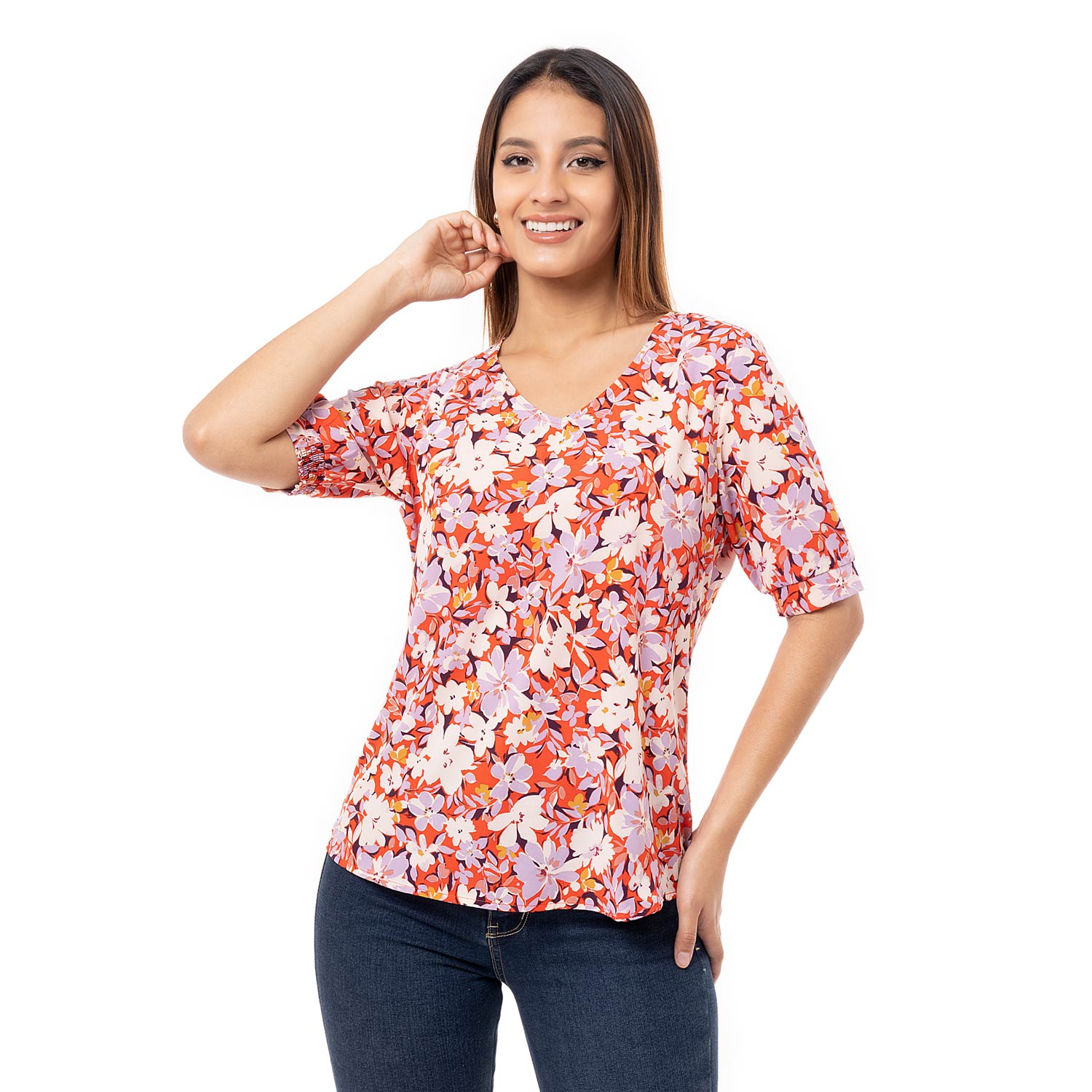 Blusa Seda Francesa M/C Oria Orange Flower | Pionier