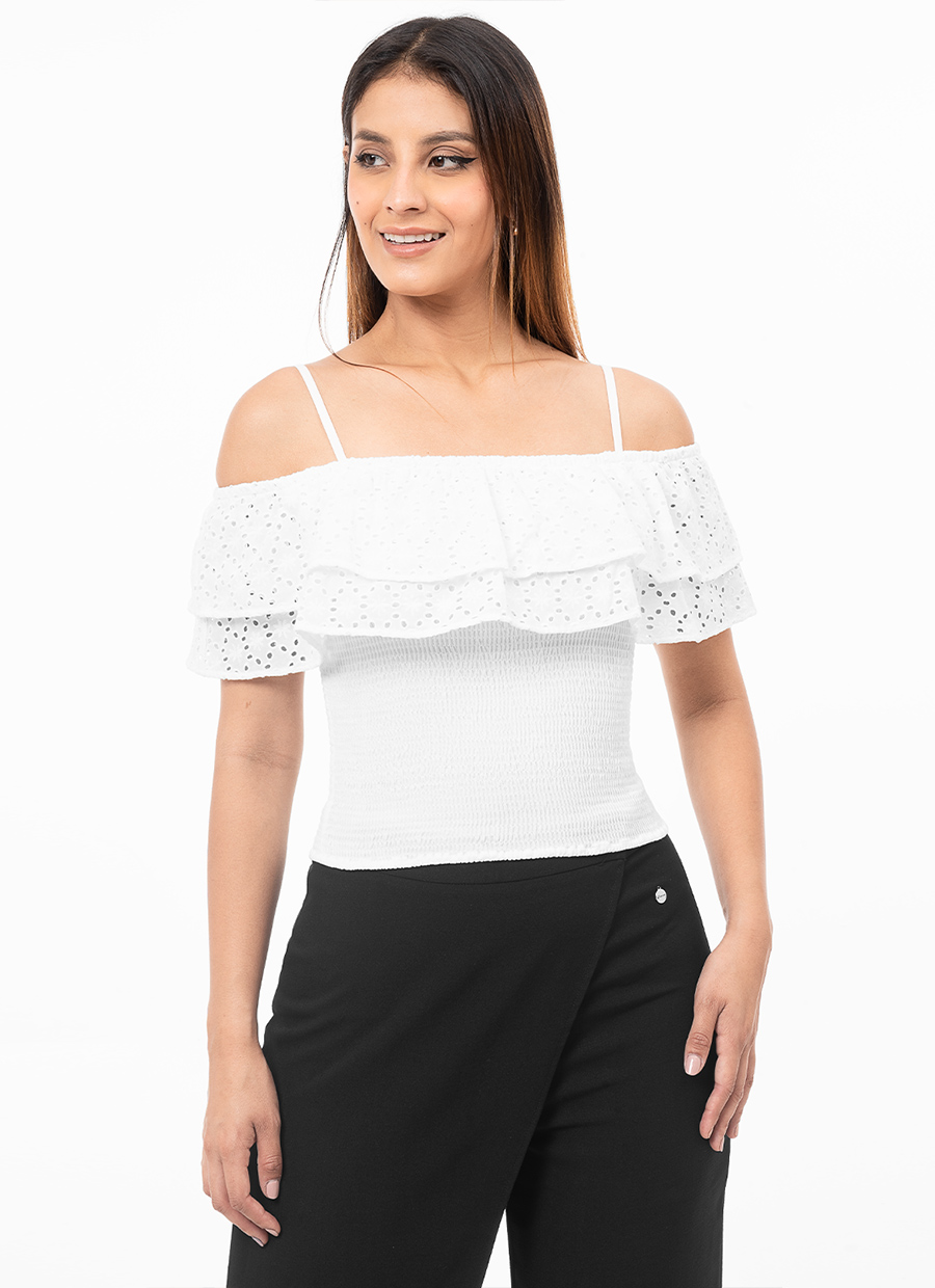 Blusa Off Shoulder Corrugado/Brodery Semary White | Pionier