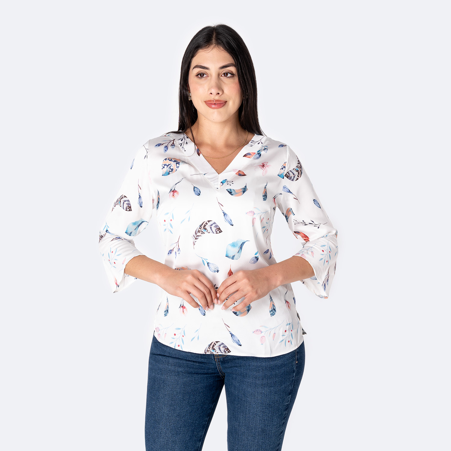 Blusa Seda Satin Mga 3/4 Patty Mt Blanco/Celeste | Pionier