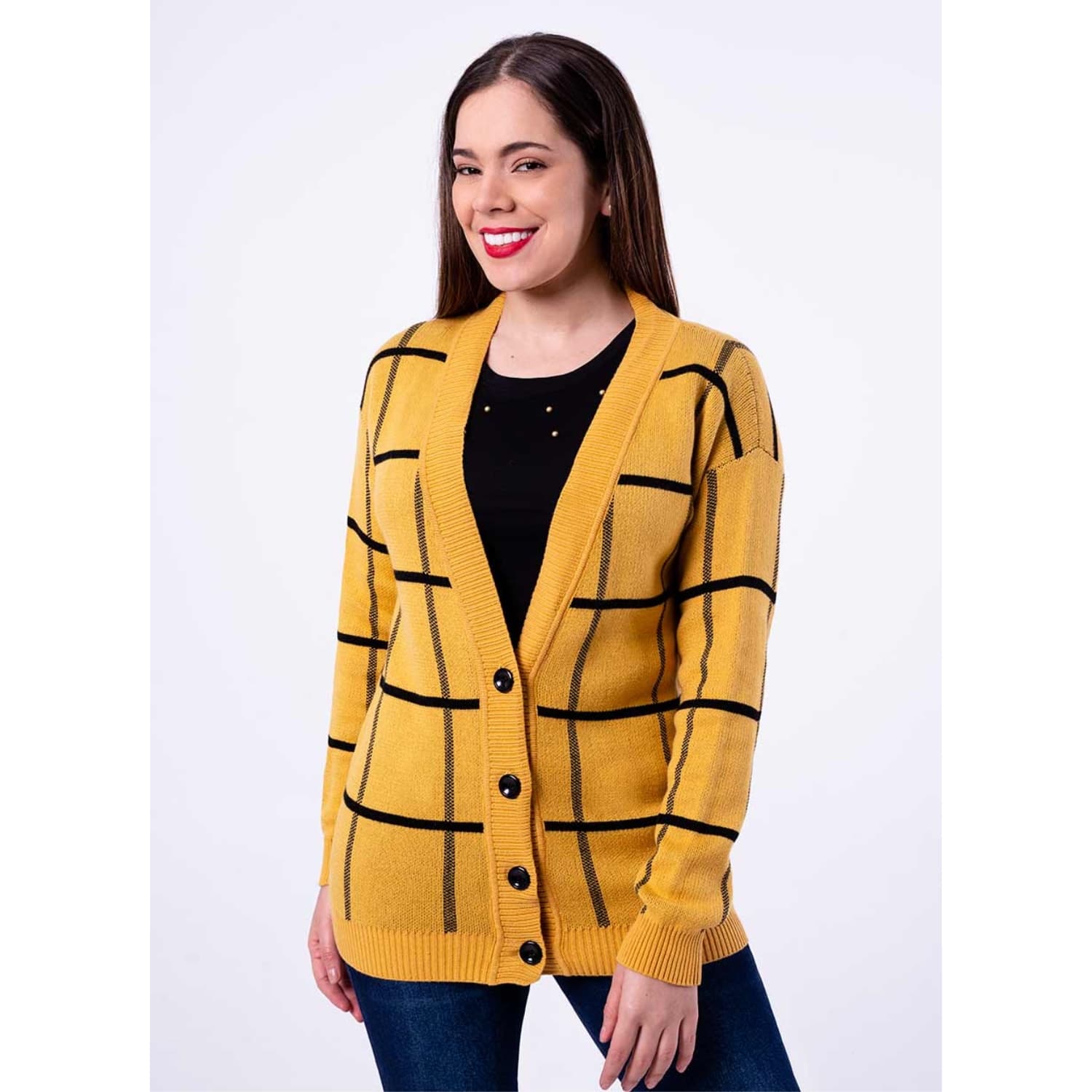 Chompa Hilos Dama Lumia Mostaza Negro | Pionier