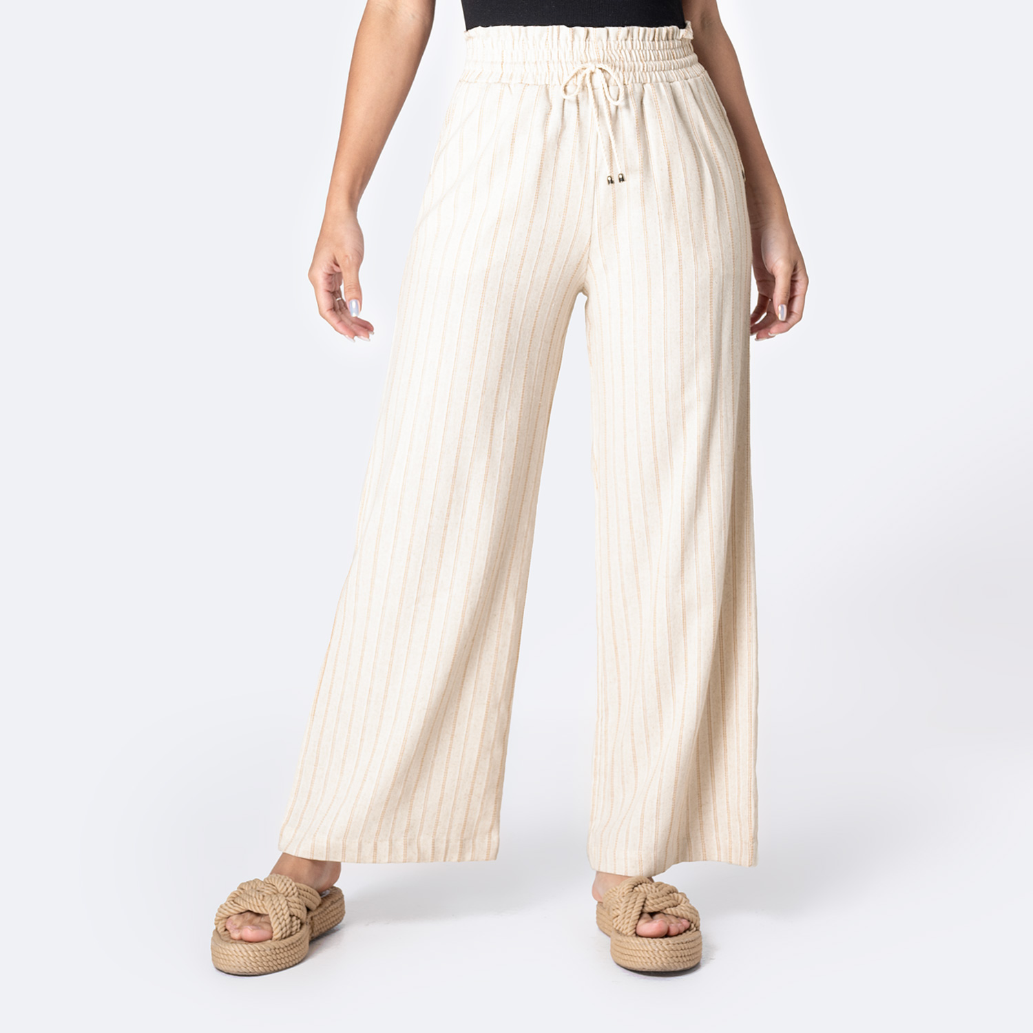 Pant, Lino Listado (Wide Leg) Tanniah Ecru/Ocre | Pionier