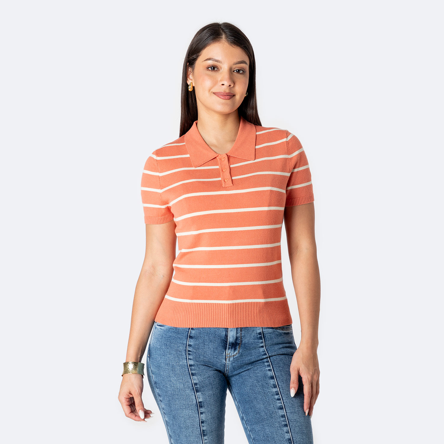 Polo Camisero Hilo Listado M/C Senah Tangerine/Ivory | Pionier