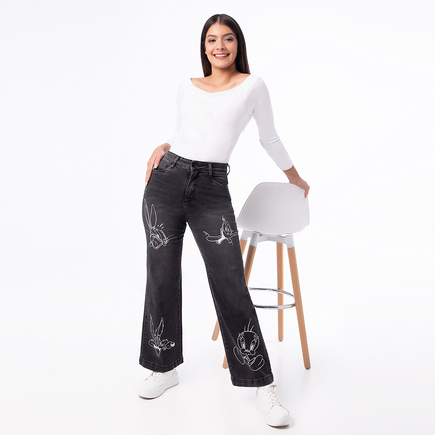 Pantalon Jean Stch. (Wide Leg) Maria_looney Tunes T. Stone Black Hb ...
