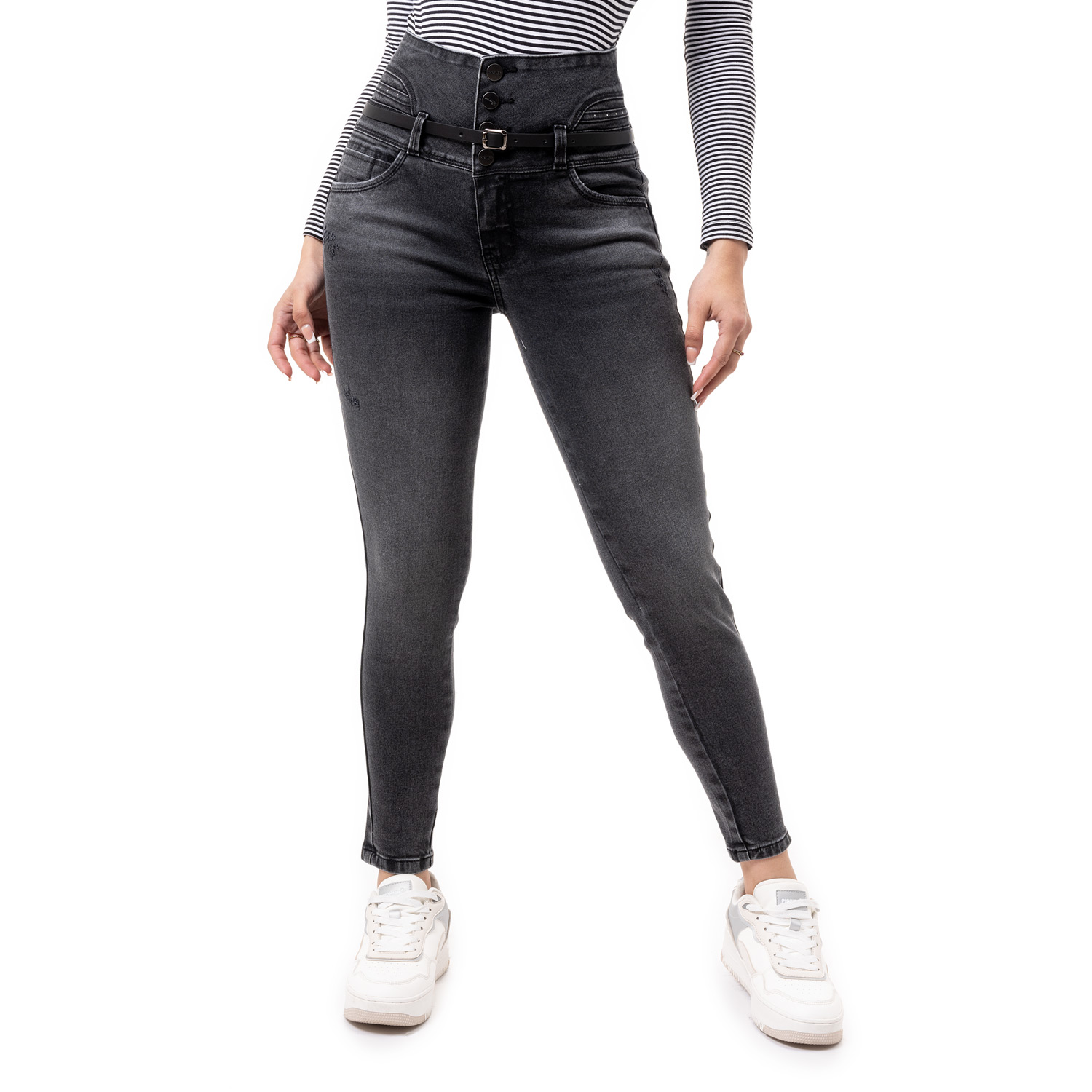Pantalon Jean High Stch. Cnt/Ptl Kairah Total Gray Torn | Pionier